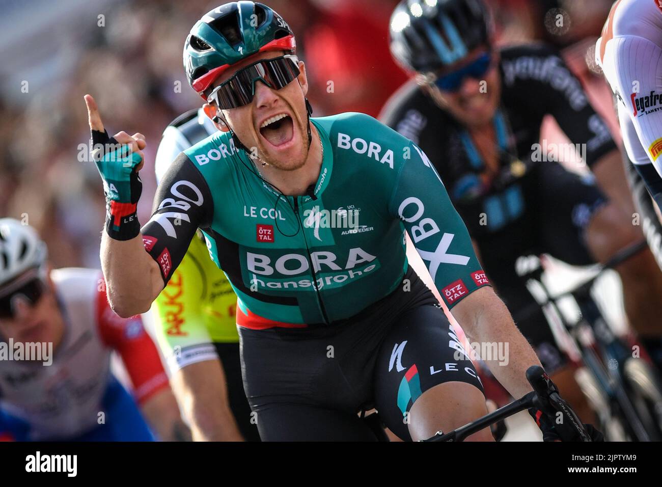 Irish Sam Bennett of Bora-Hansgrohe celebrates after winning stage 2 of ...