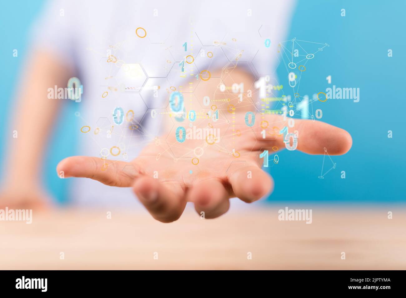 A 3d rendering of floating connected numbers on a palm of a hand Stock ...