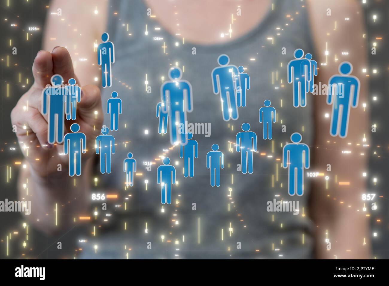 A finger touching a 3d rendering of floating connected profile icons Stock Photo - Alamy