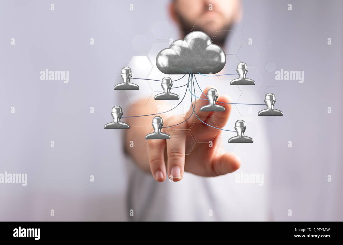 A finger touching a 3d rendering of floating connected profile icons Stock Photo - Alamy