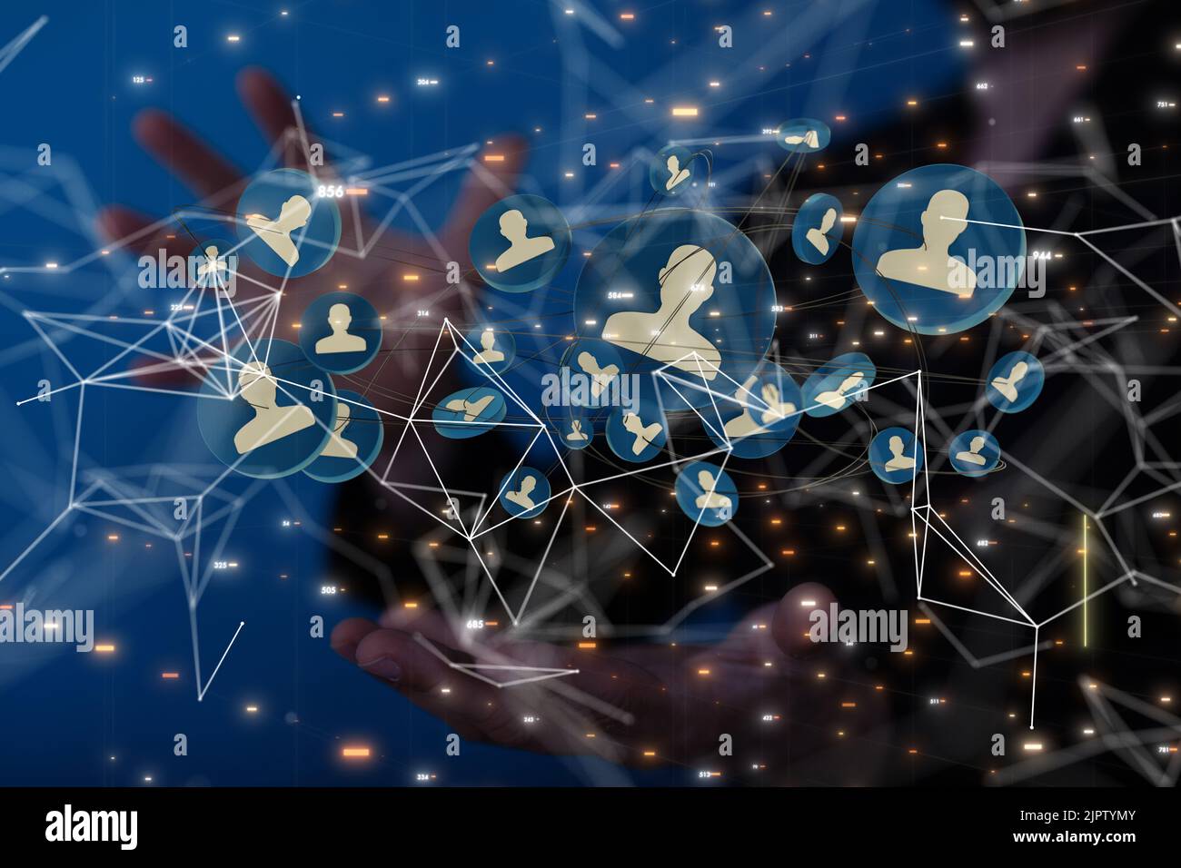 A 3d rendering of floating connected profile icons on a palm of a hand Stock Photo - Alamy