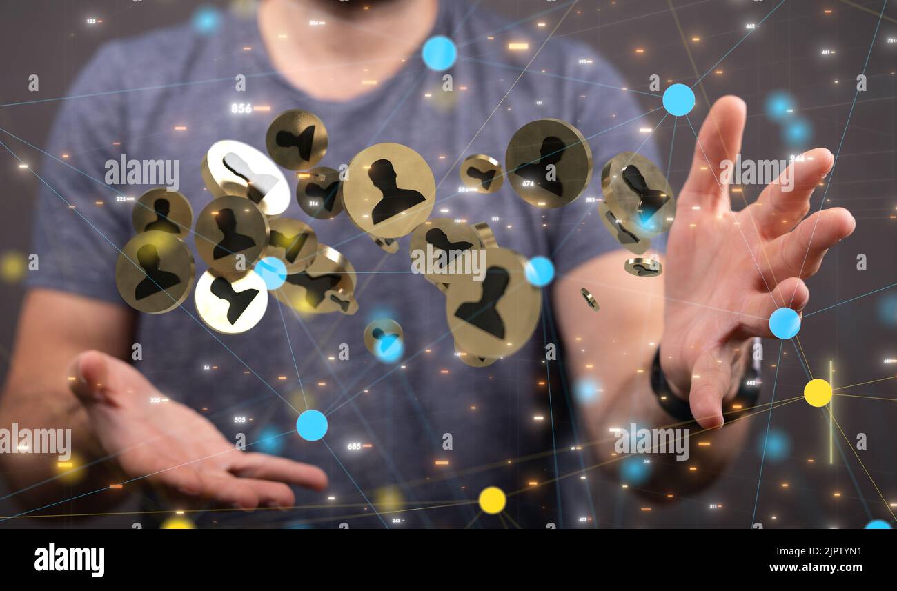 A 3d rendering of floating connected profile icons on a palm of a hand Stock Photo - Alamy