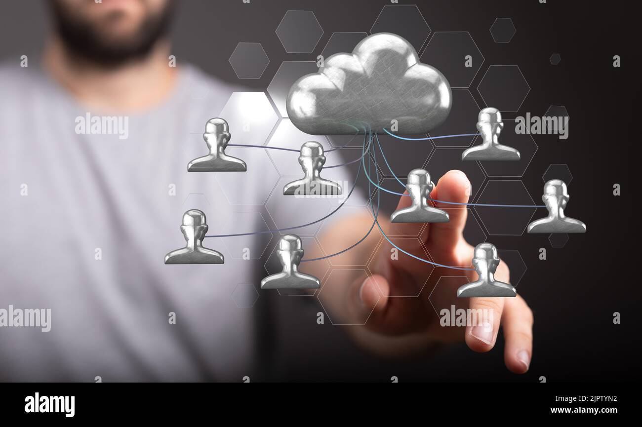 A finger touching a 3d rendering of floating connected profile icons Stock Photo - Alamy