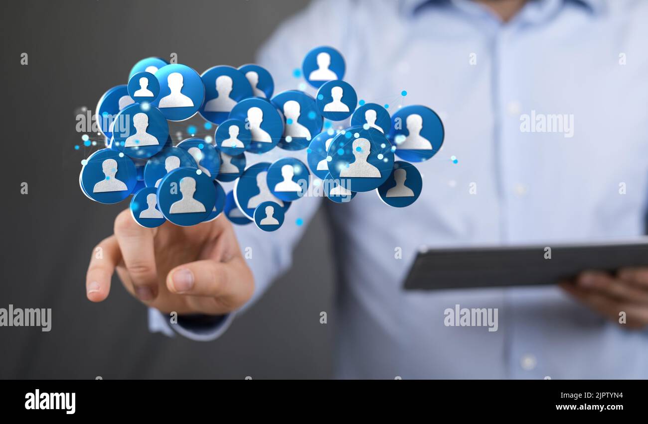 A finger touching a 3d rendering of floating connected profile icons Stock Photo - Alamy