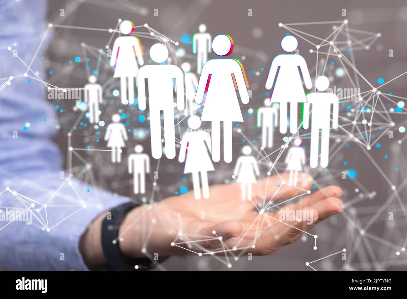 A 3d rendering of floating connected profile icons on a palm of a hand Stock Photo - Alamy