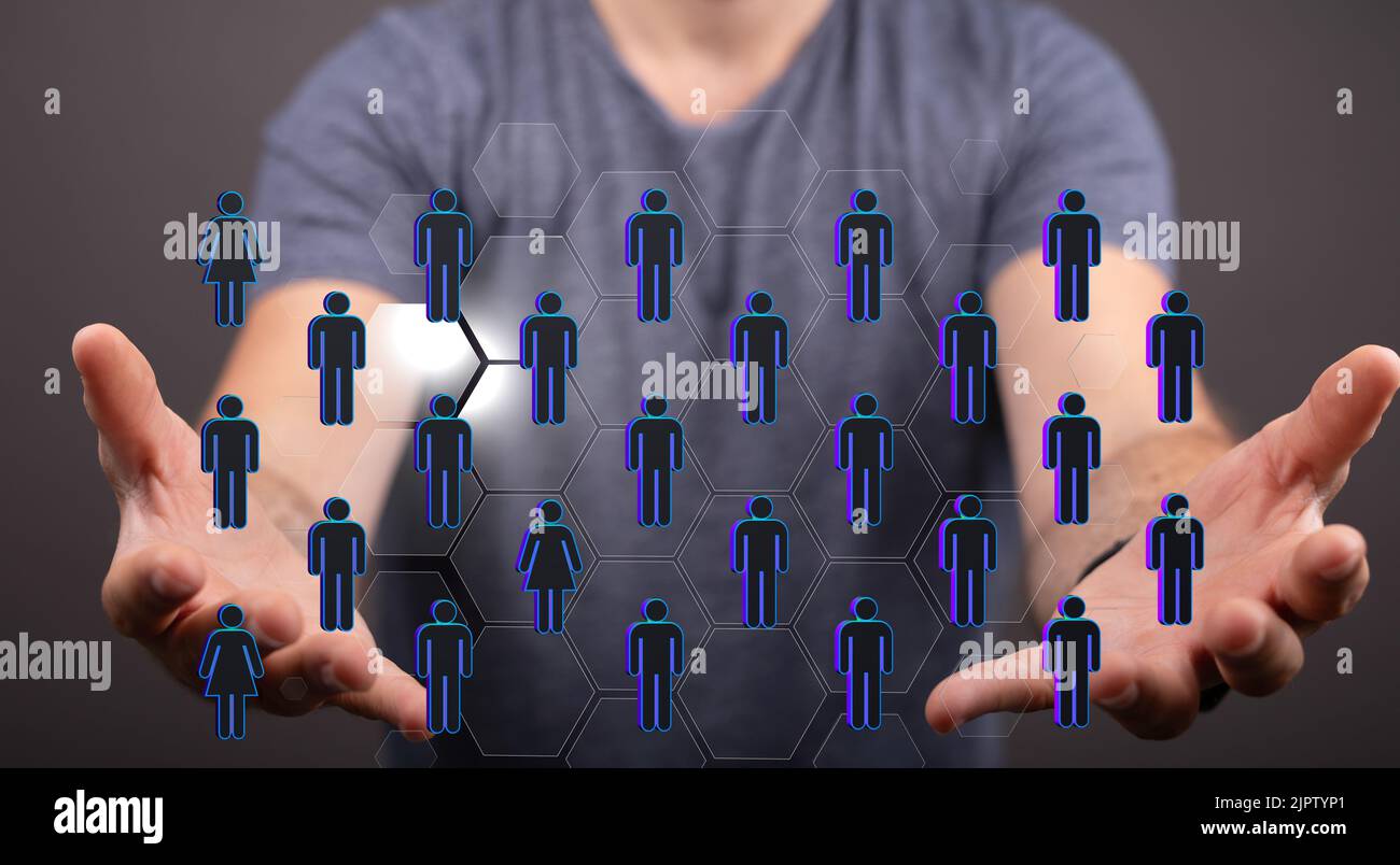 A 3d rendering of floating connected profile icons on a palm of a hand Stock Photo - Alamy