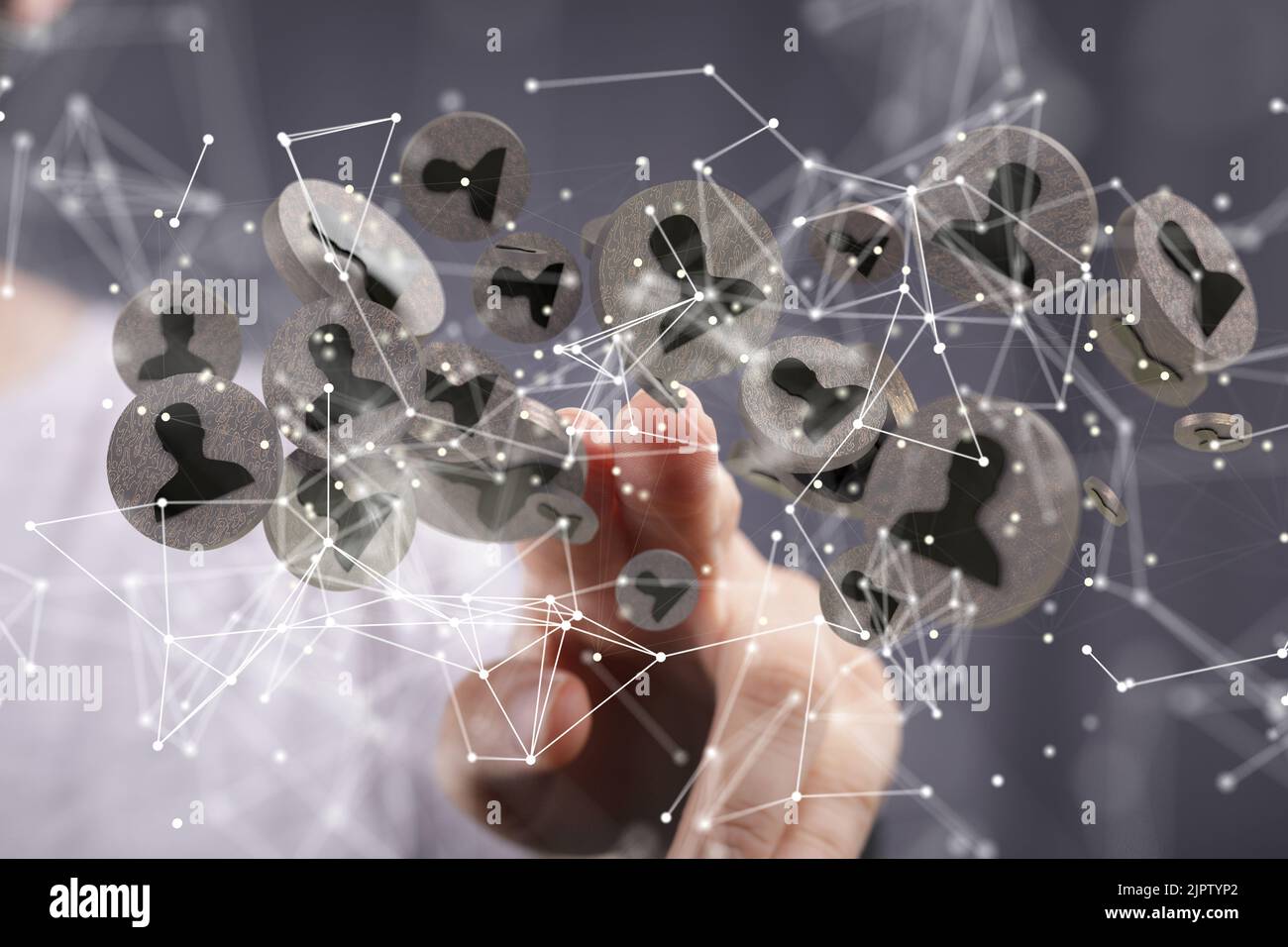 A finger touching a 3d rendering of floating connected profile icons Stock Photo - Alamy