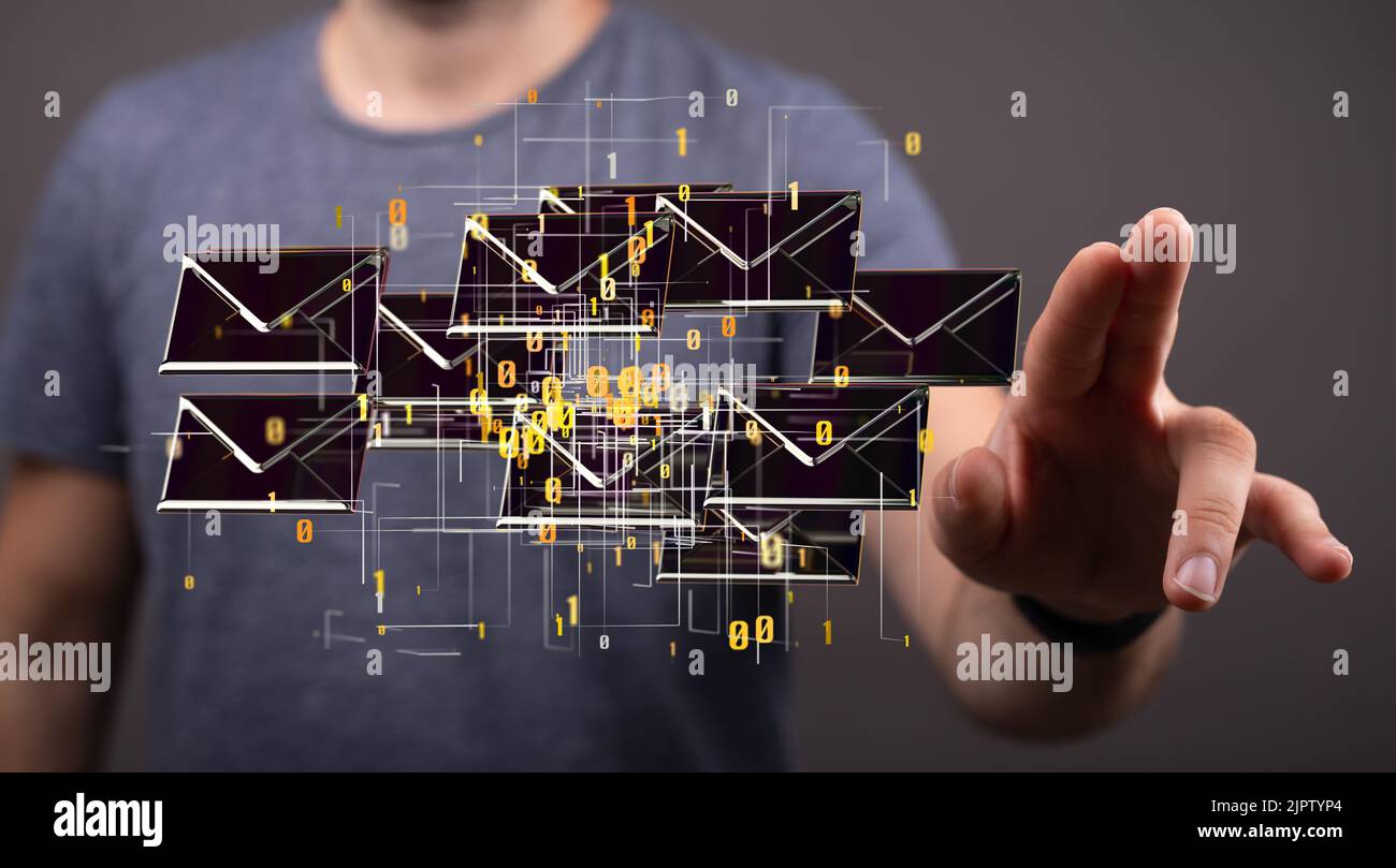 A finger touching a 3d rendering of floating connected message icons Stock Photo - Alamy