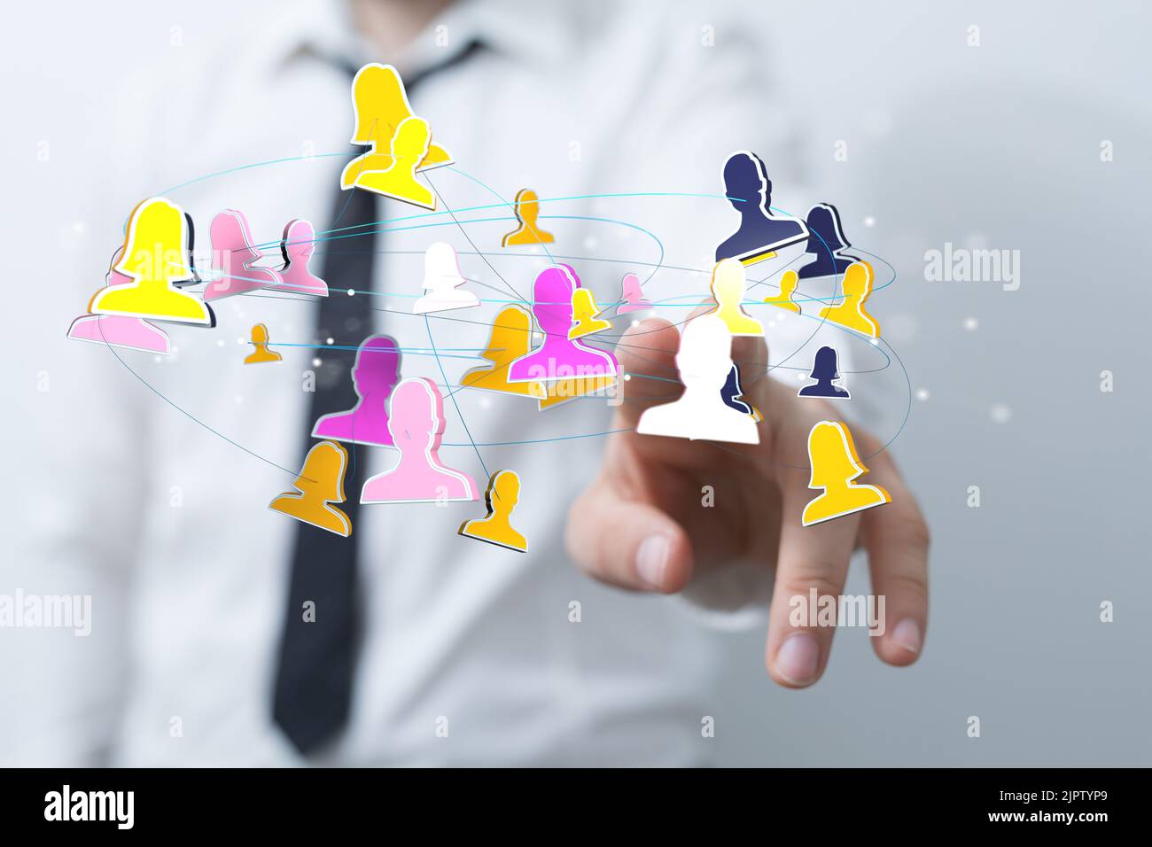 A finger touching a 3d rendering of floating connected profile icons Stock Photo - Alamy