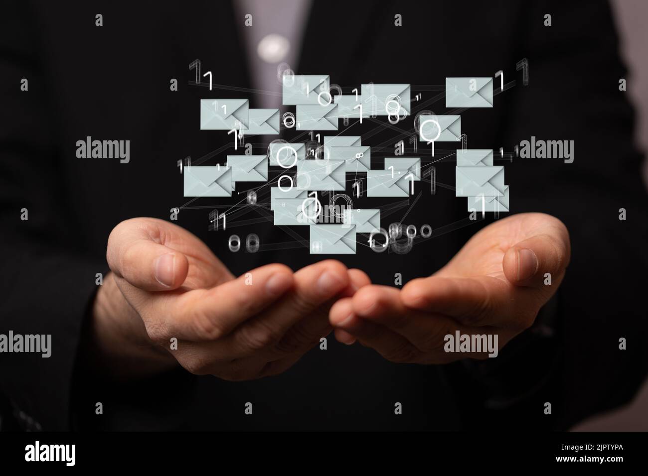 A 3d rendering of floating connected message icons on a palm of a hand Stock Photo - Alamy