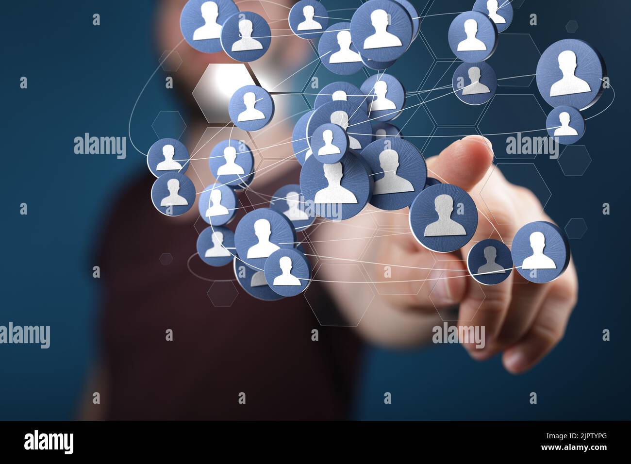 A finger touching a 3d rendering of floating connected profile icons Stock Photo - Alamy
