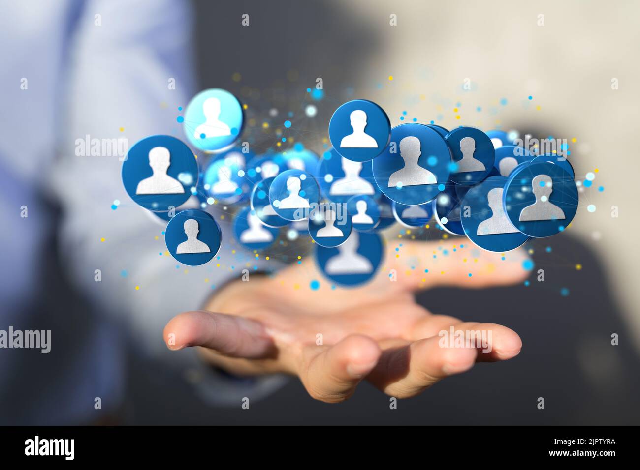 A 3d rendering of floating connected profile icons on a palm of a hand Stock Photo - Alamy