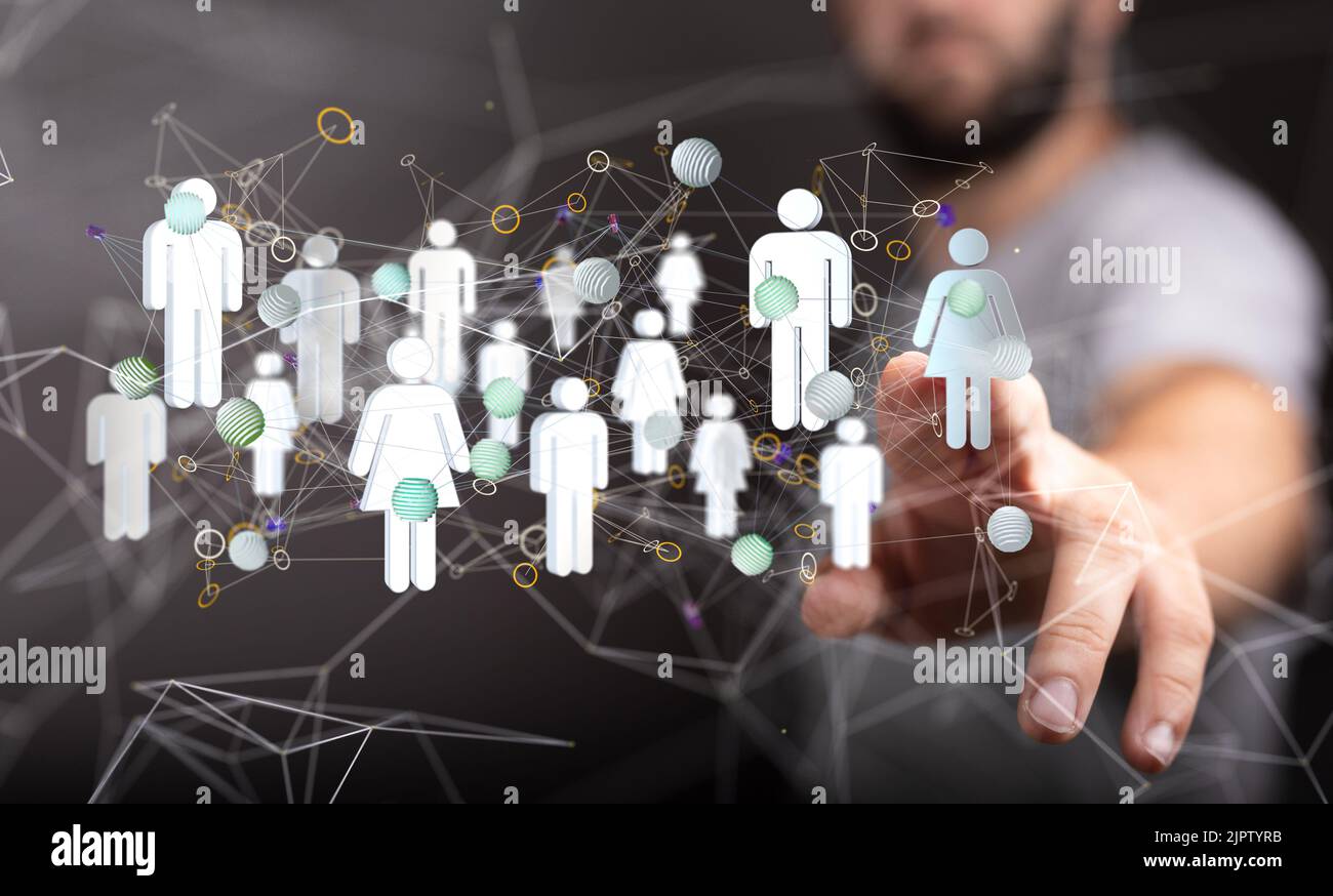 A finger touching a 3d rendering of floating connected profile icons ...