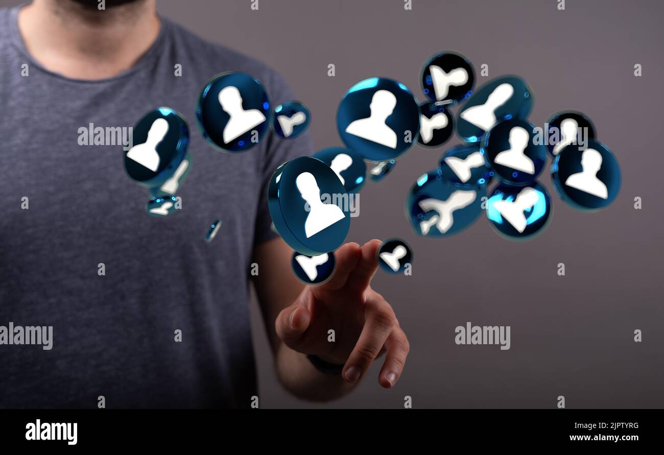 A finger touching a 3d rendering of floating connected profile icons Stock Photo - Alamy