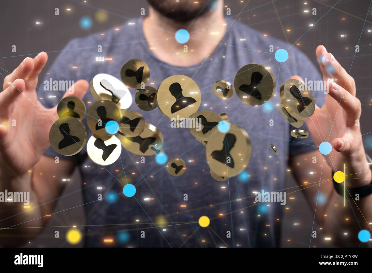 A 3d rendering of floating connected profile icons on a palm of a hand Stock Photo - Alamy