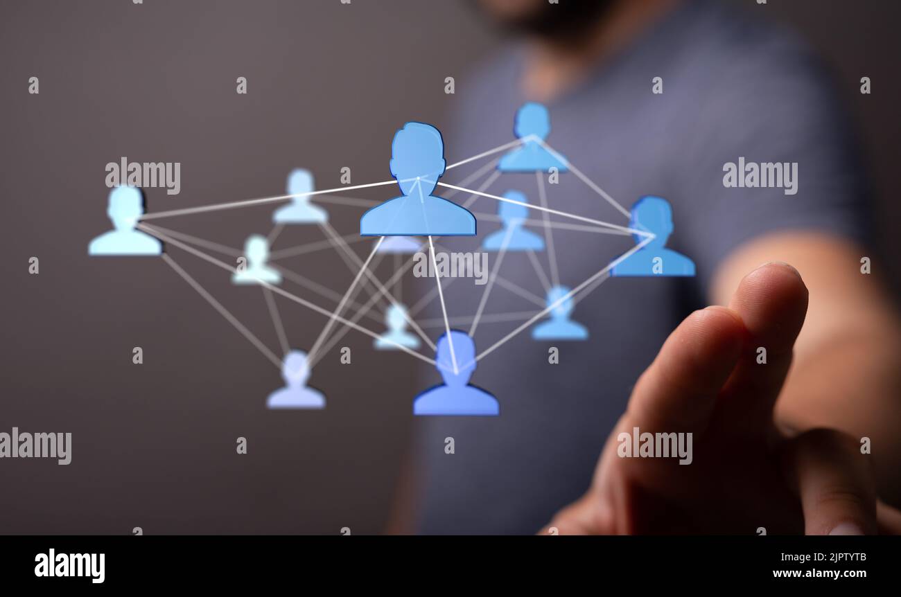 A finger touching a 3d rendering of floating connected profile icons Stock Photo - Alamy
