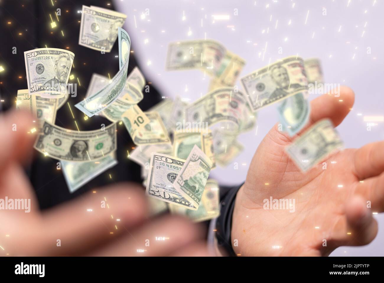 A 3d rendering of floating money on a palm of a hand Stock Photo - Alamy