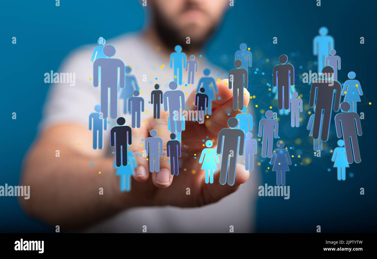 A finger touching a 3d rendering of floating connected profile icons ...