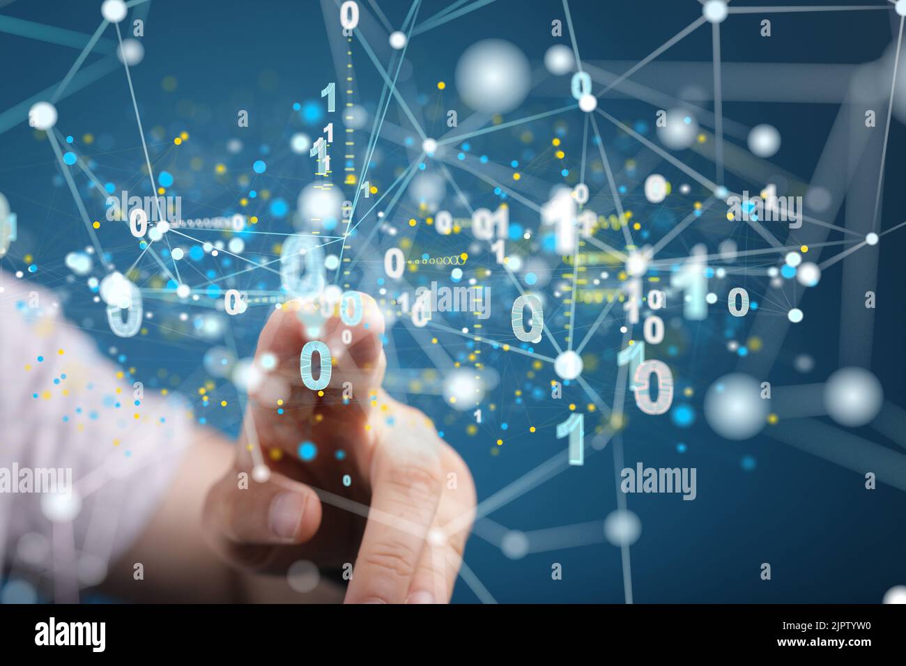 A finger touching a 3d rendering of floating connected numbers Stock Photo - Alamy