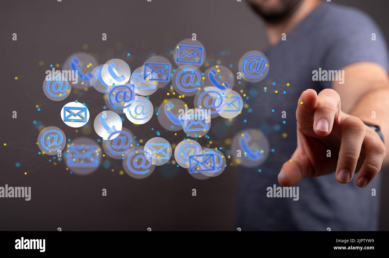 A finger touching a 3d rendering of floating social icons Stock Photo ...
