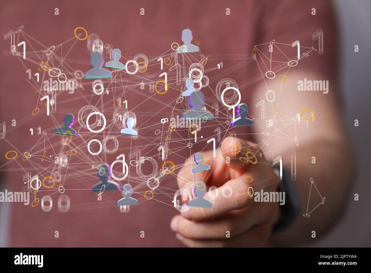A finger touching a 3d rendering of floating connected profile icons Stock Photo - Alamy