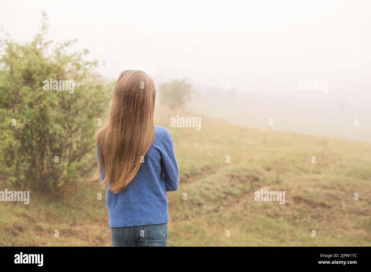 A beautiful young girl was alone in nature in a foggy morning Stock ...