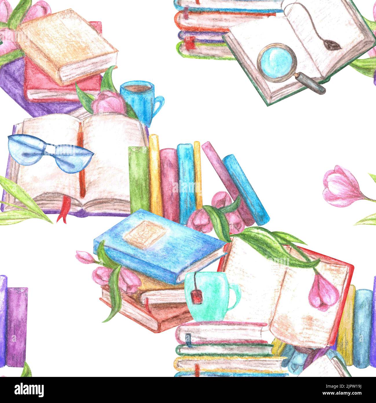 Seamless delicate pattern with books and flowers, painted in watercolor ...