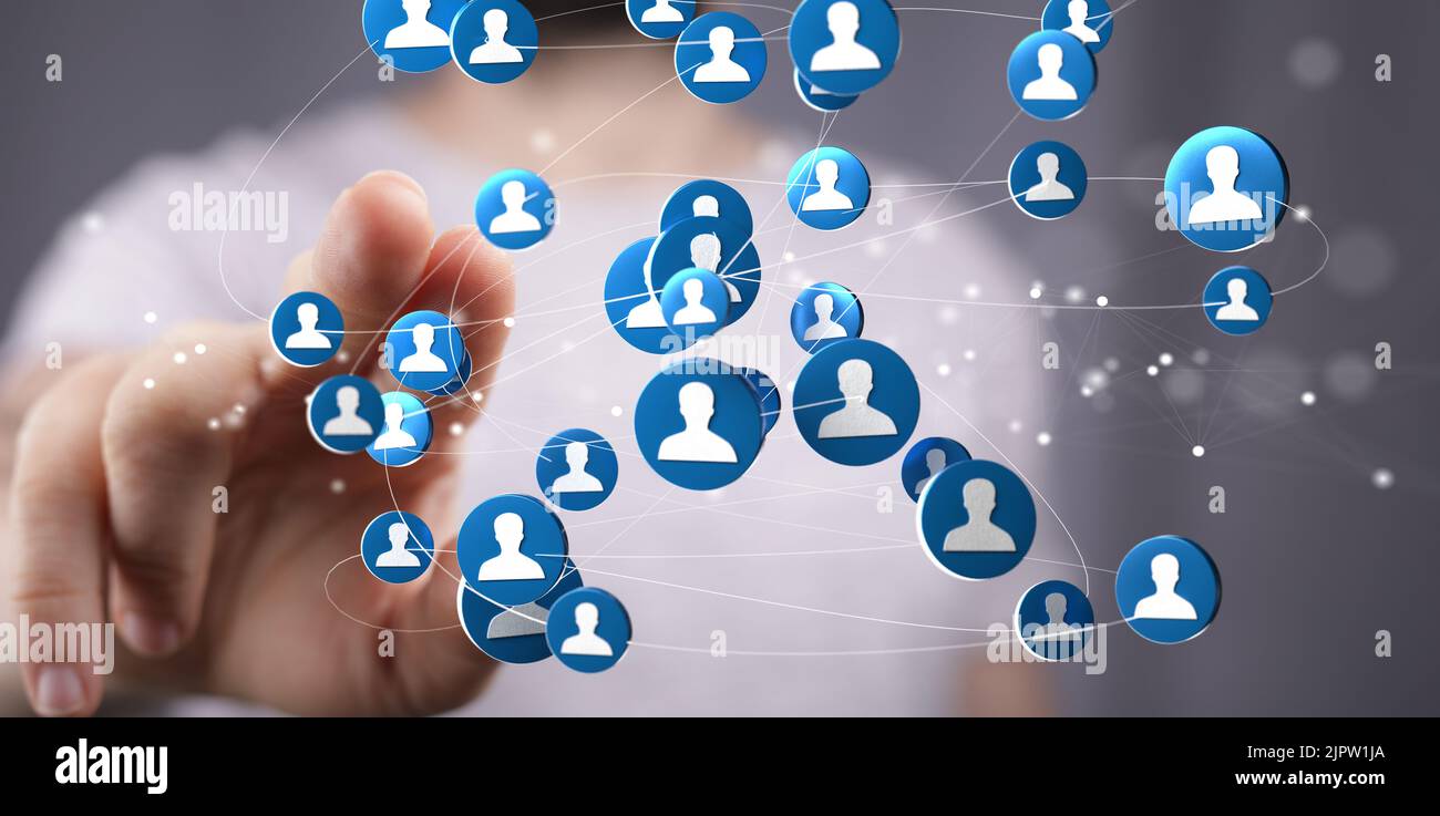 A 3D rendering of connected people icons near the fingers Stock Photo ...