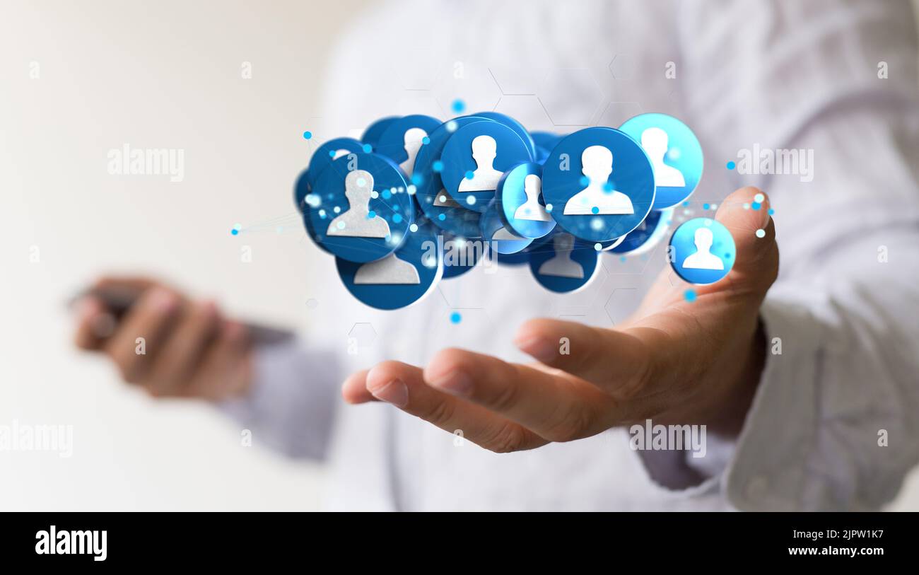 A 3D rendering of connected people icons near a hand Stock Photo - Alamy