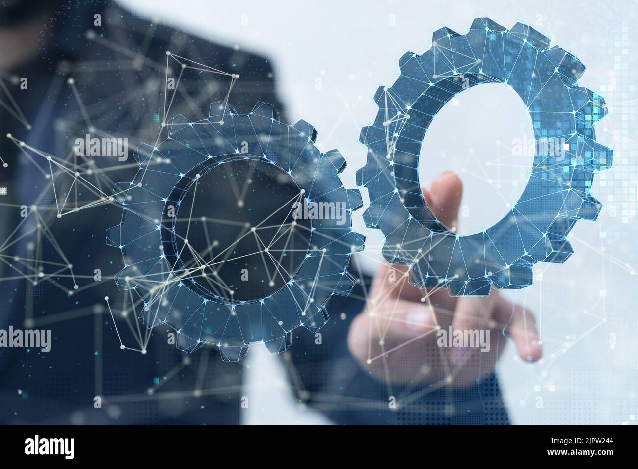 A finger pointing on a floating 3d digital illustration of a global network - the concept of ...