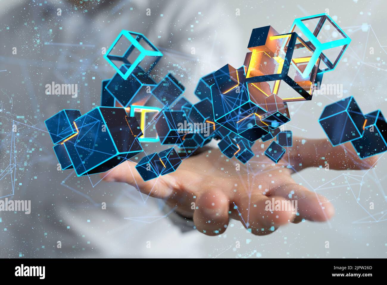 A 3d digital illustration of a global network floating over a hand- the ...