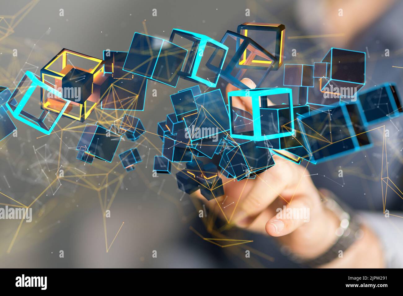 A finger pointing on a floating 3d digital illustration of a global network - the concept of ...