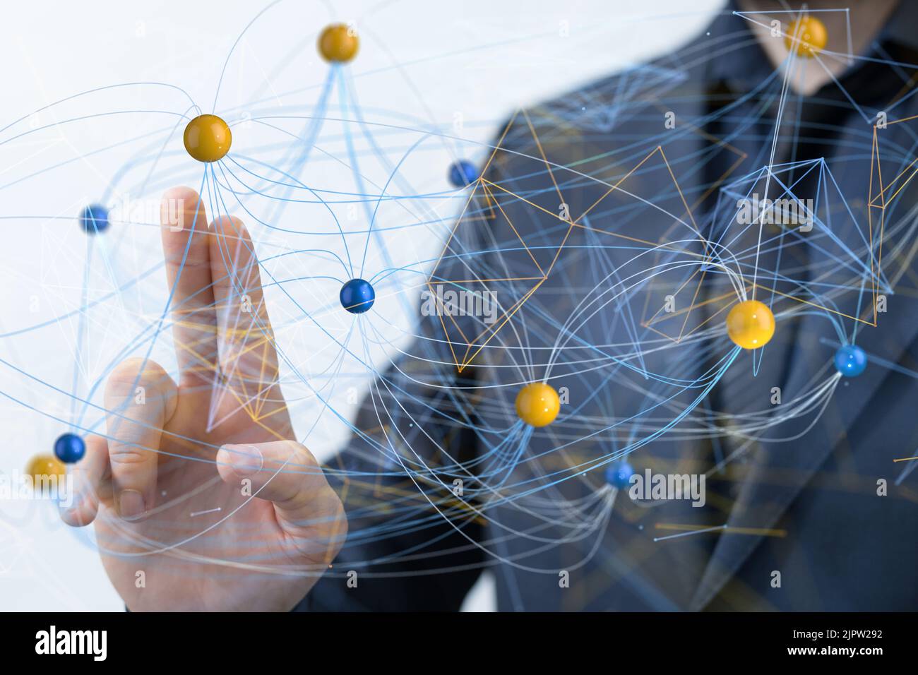 A finger pointing on a floating 3d digital illustration of a global network - the concept of ...