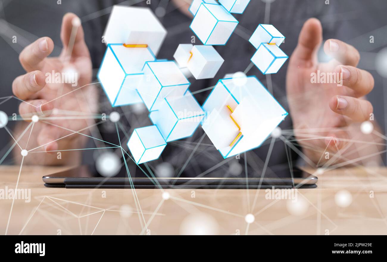 A 3d digital illustration of a global network floating between hands ...