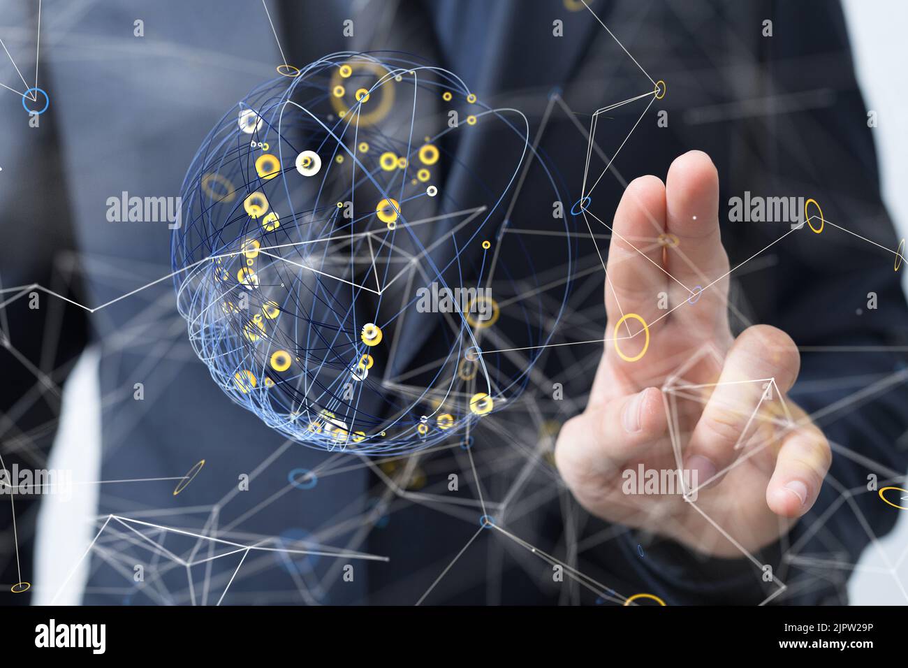 A finger pointing on a floating 3d digital illustration of a global ...