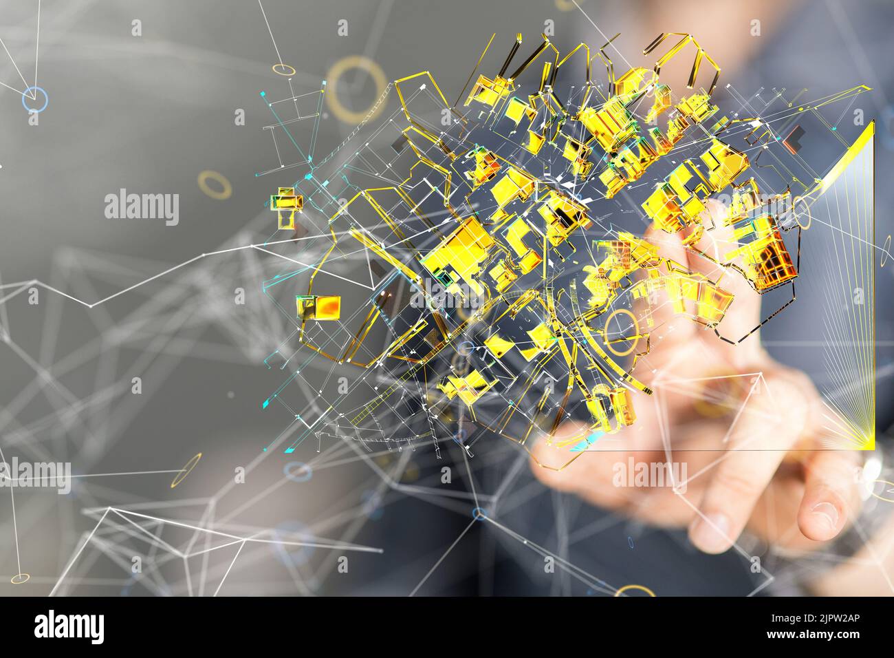 A finger pointing on a floating 3d digital illustration of a global network - the concept of ...