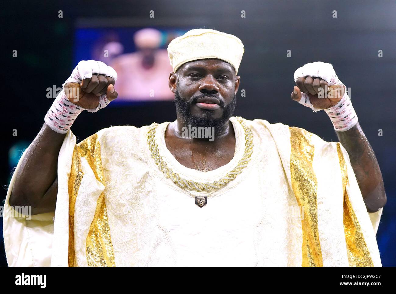 Andrew Tabiti celebrates after winning his Heavyweight contest fight ...