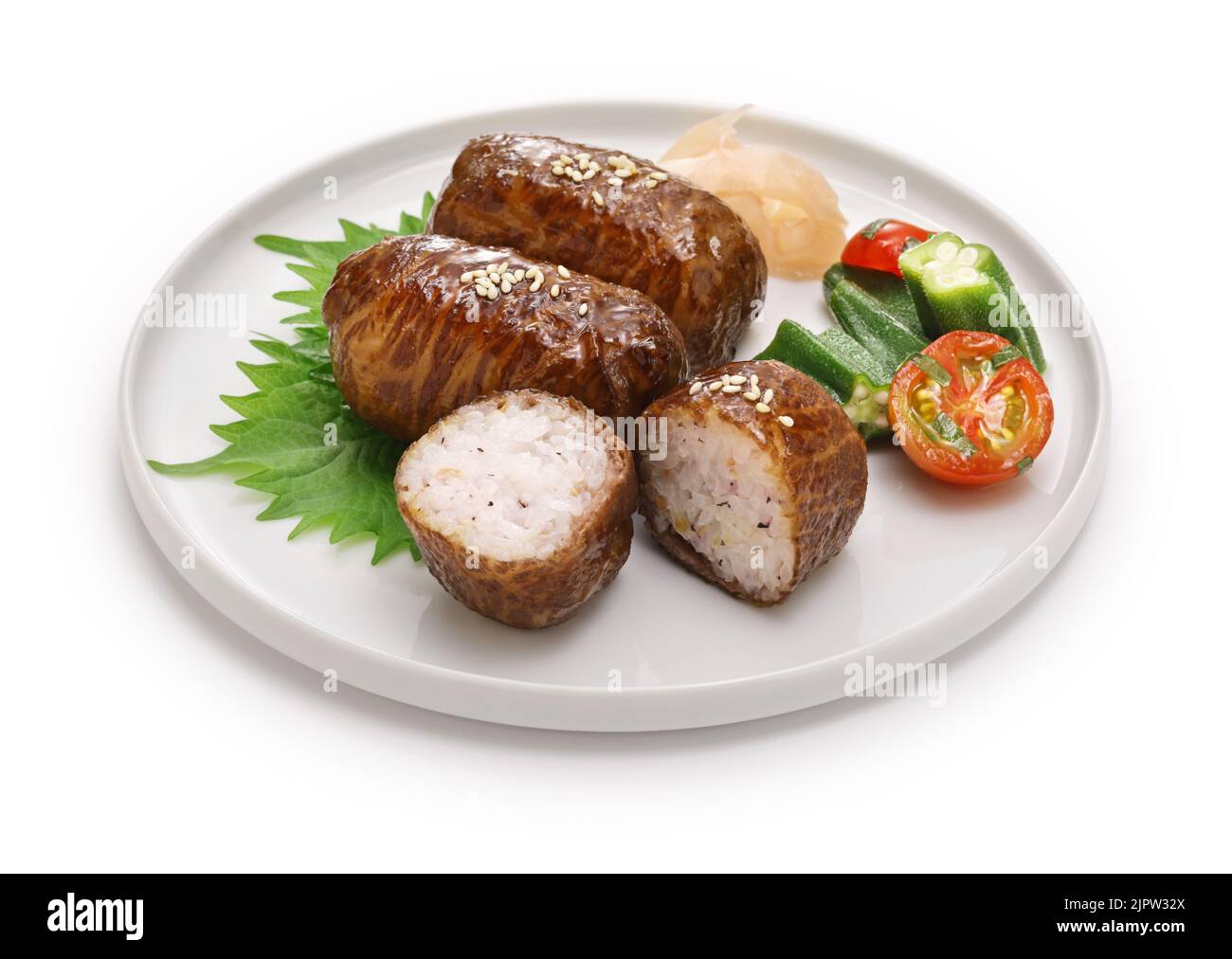 beef wrapped rice balls, Japanese food Stock Photo - Alamy