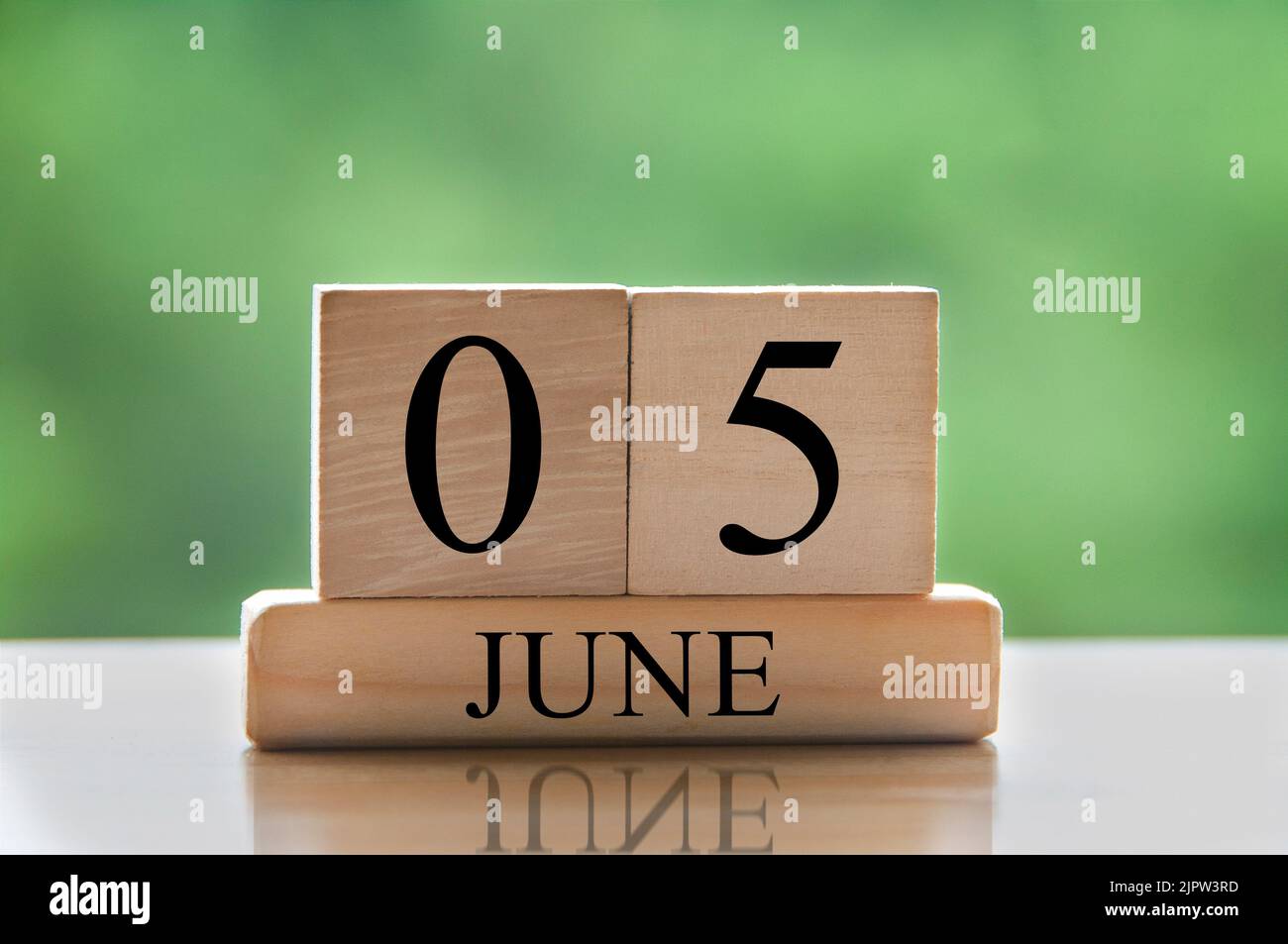 June 5 calendar date text on wooden blocks with blurred nature ...