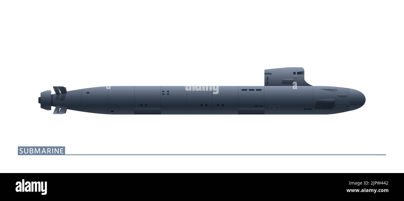 Submarine is in a side view that is isolated on a white background ...