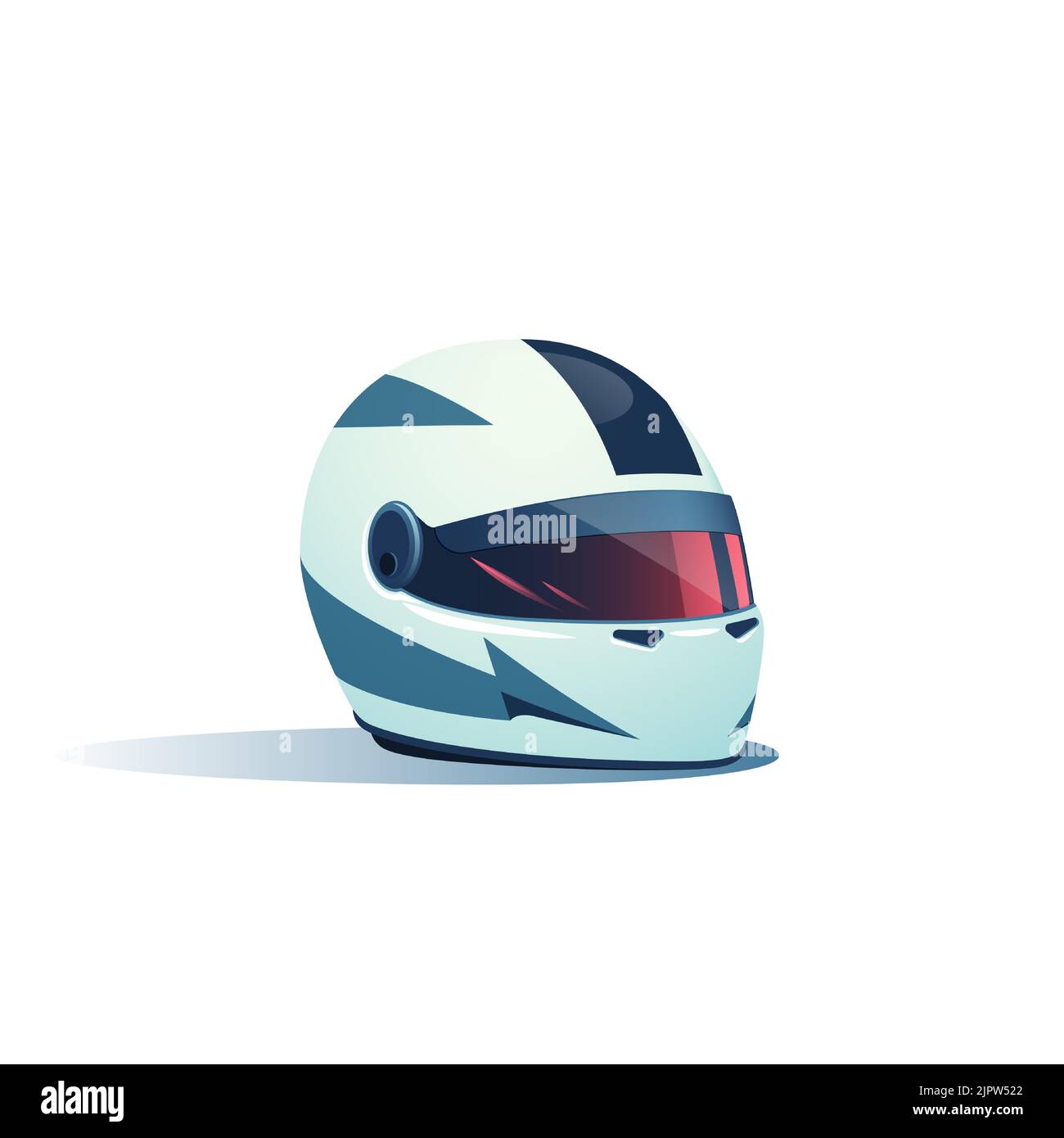 White racing helmet with blue graphic elements and a red visor is ...