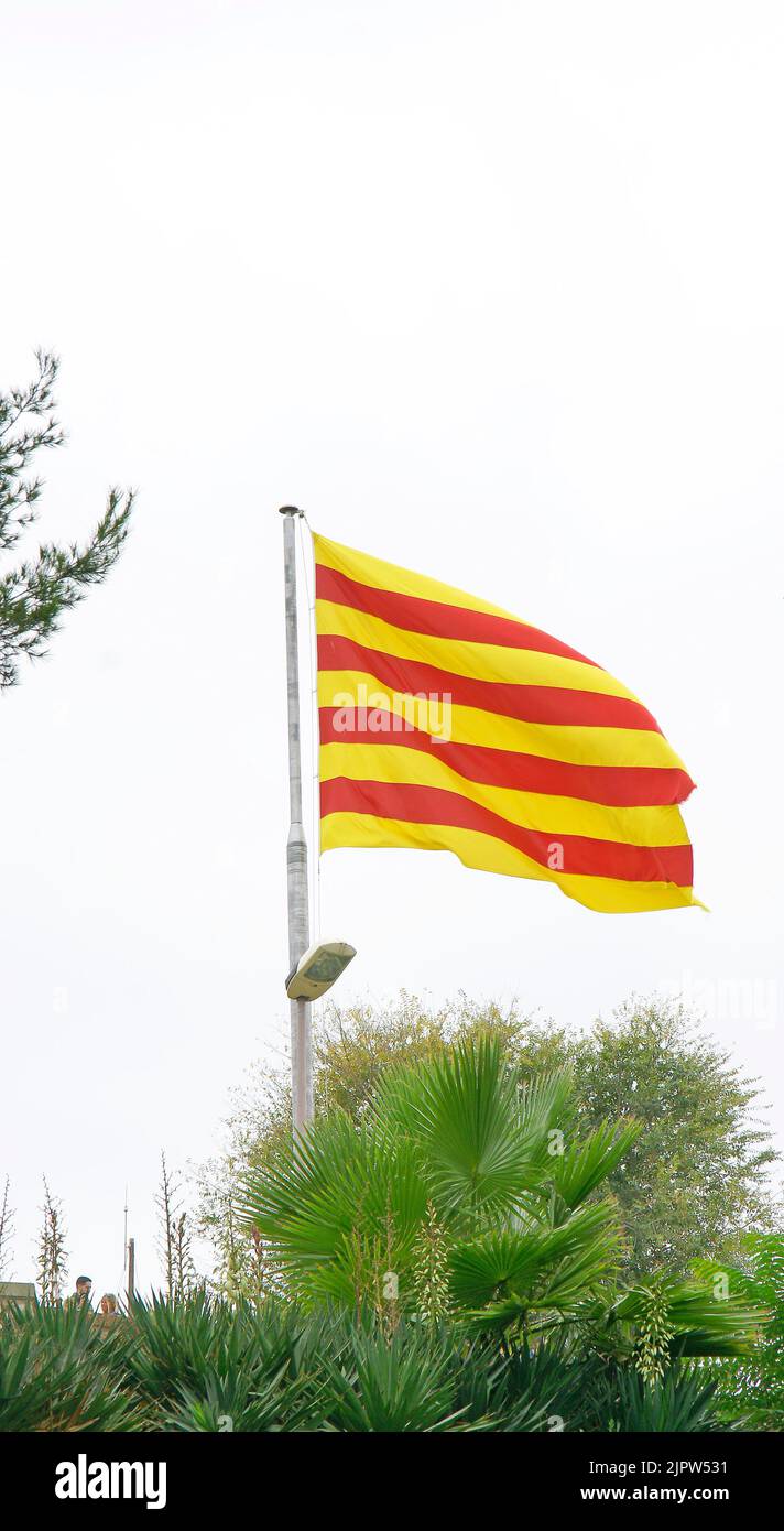 Catalan flag at Montjuic Castle, Barcelona, Catalunya, Spain, Europe ...