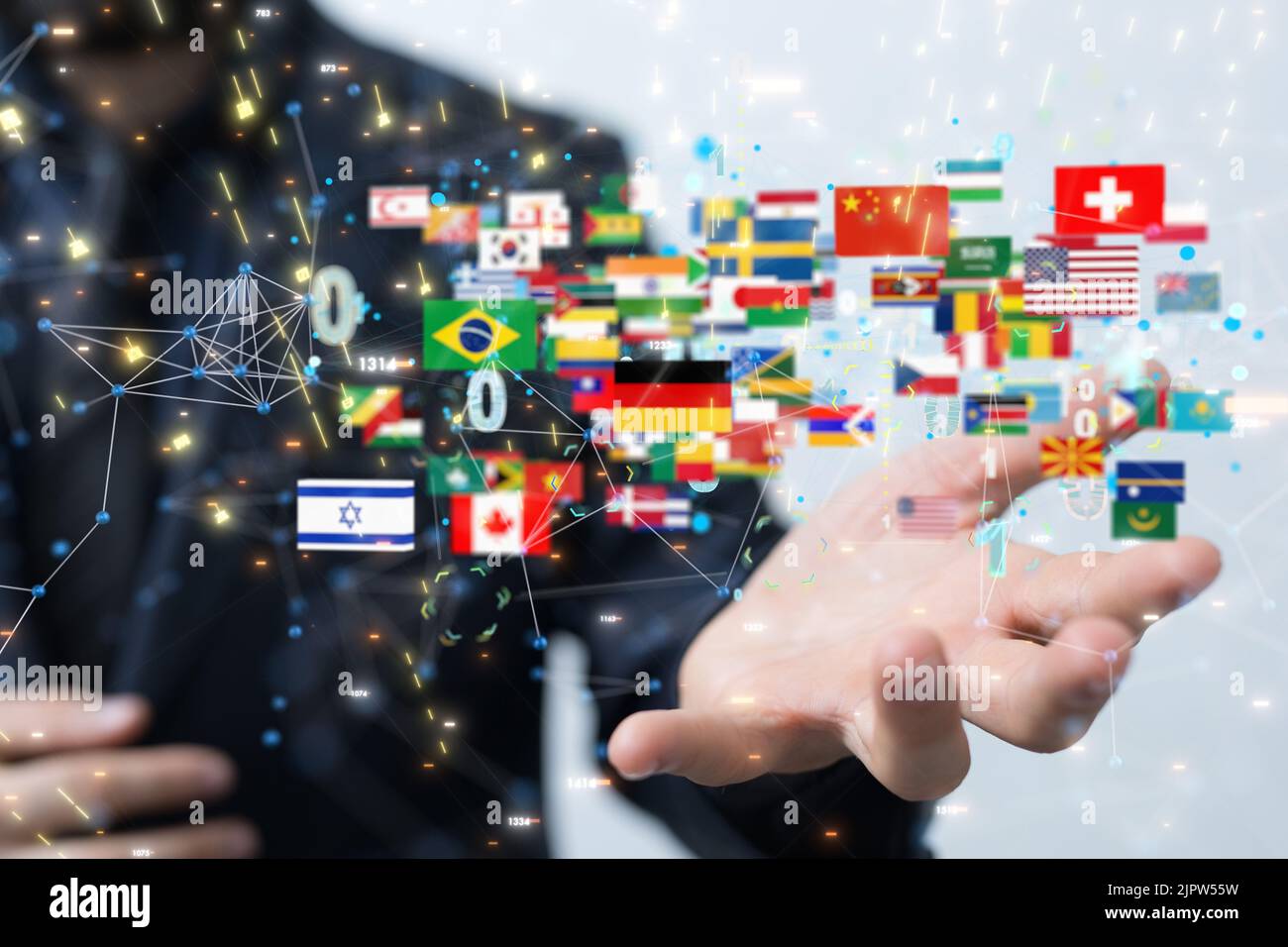 A 3d render of floating different country flags over a hand. Concept of ...