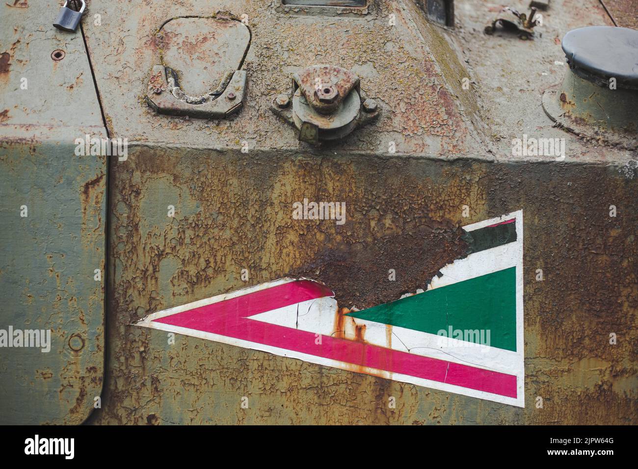 A rusted Hungarian army roundel on the side of armored personnel ...
