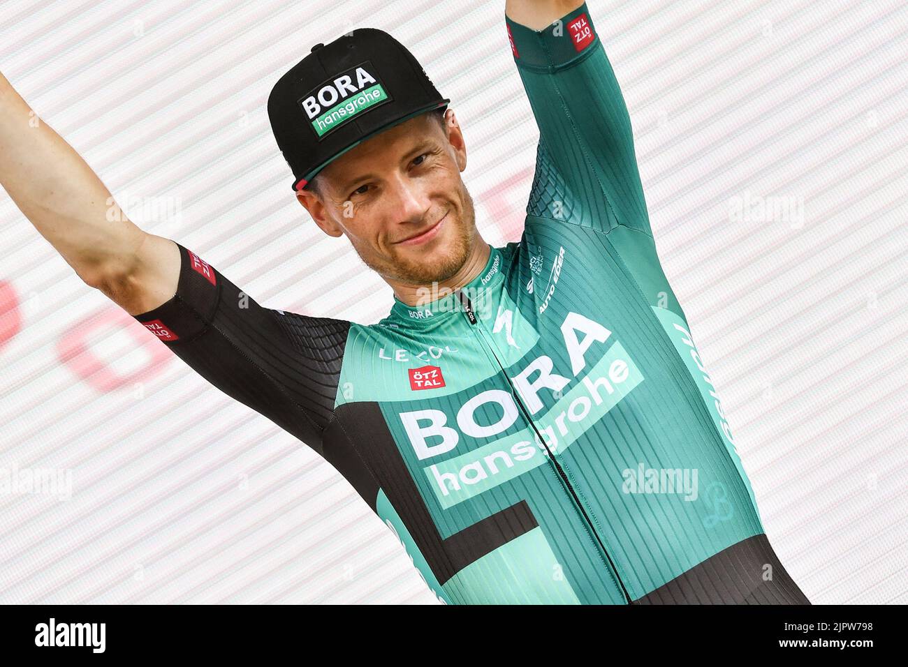 Irish Sam Bennett of Bora-Hansgrohe celebrates on the podium in the ...