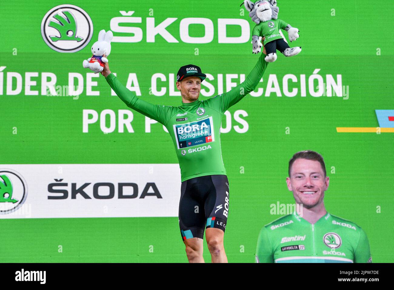 Irish Sam Bennett of Bora-Hansgrohe celebrates on the podium in the ...