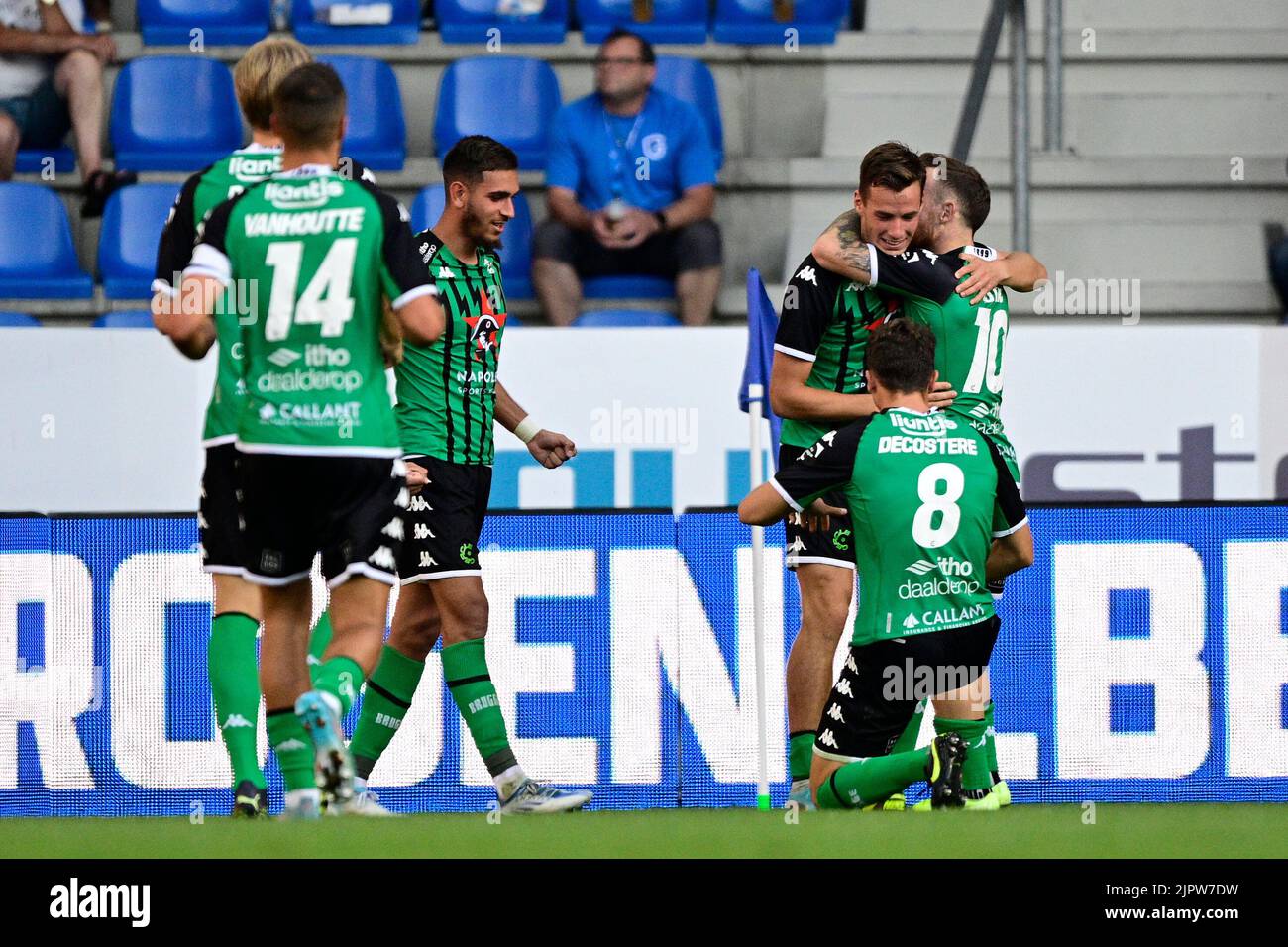 Cercle's Olivier Deman celebrates after scoring during a soccer match ...