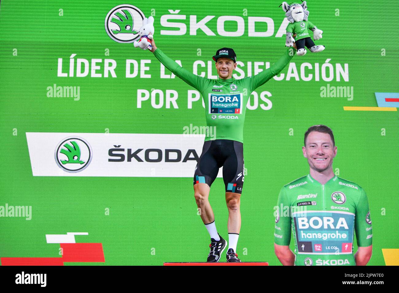 Irish Sam Bennett of Bora-Hansgrohe celebrates on the podium in the ...