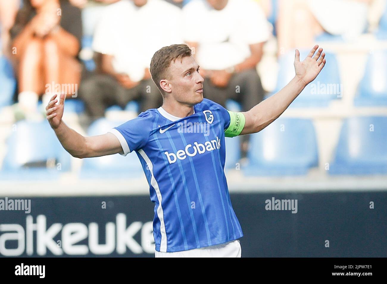 Genk's Bryan Heynen celebrates after scoring during a soccer match ...