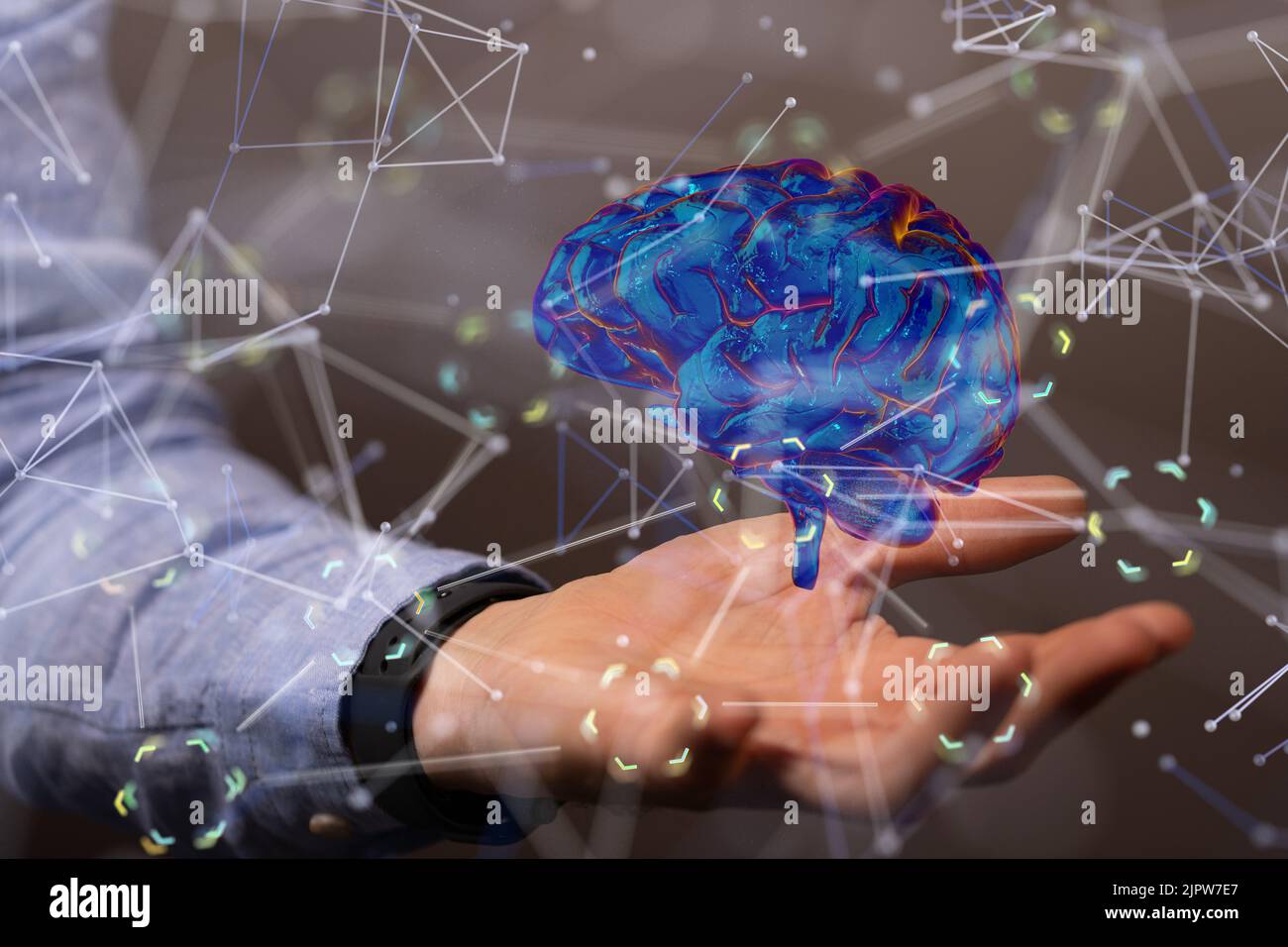 A 3d digital illustration of a human brain floating over a hand ...